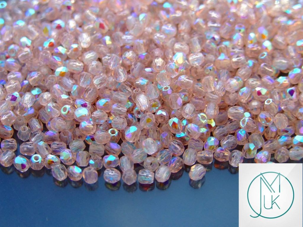 5g Fire Polished Beads 3mm Rosaline AB - beadsmouse